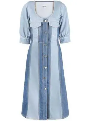 GANNI Panelled Midi Organic Cotton Dress - Blue