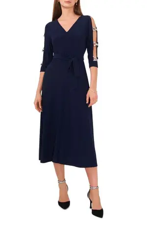 Chaus Rhinestone Sleeve Fit & Flare Midi Dress