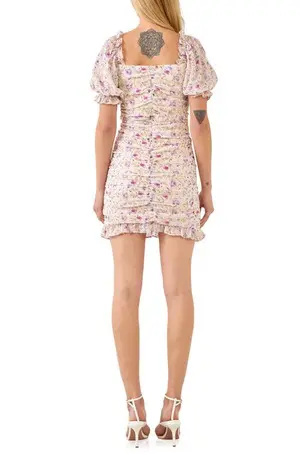 Endless Rose Eyelet Floral Ruched Minidress - Ivory Multi