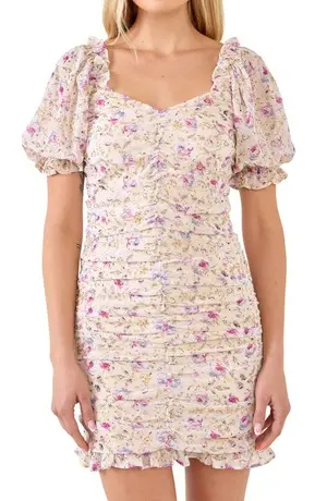 Endless Rose Eyelet Floral Ruched Minidress - Ivory Multi