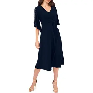 Chaus Embellished Faux Wrap Midi Dress - Navy