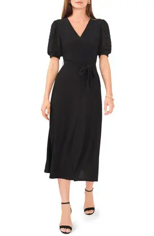 Chaus Clip Dot Puff Sleeve Tie Front Midi Dress - Black