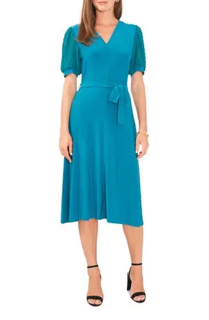 Chaus Clip Dot Puff Sleeve Tie Front Midi Dress