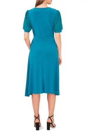 Chaus Clip Dot Puff Sleeve Tie Front Midi Dress
