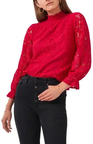 1.State Smocked Mock Neck Lace Top