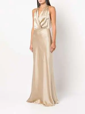 Michelle Mason Draped Halterneck Gown - Gold