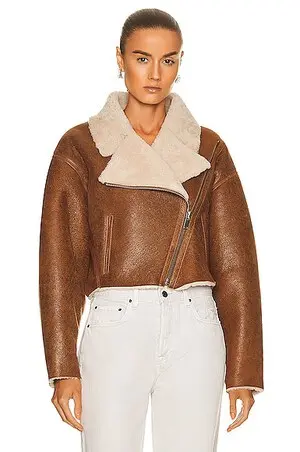 Nour Hammour Colorado Cropped Shearling Bombardier Jacket In Brown