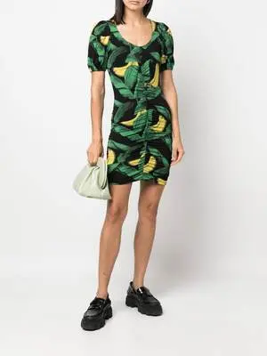 GANNI Banana-print Puff-sleeve Dress - Black