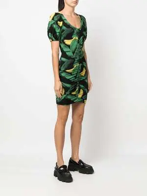 GANNI Banana-print Puff-sleeve Dress - Black