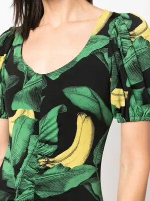 GANNI Banana-print Puff-sleeve Dress - Black