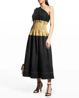 Tory Burch Sunset Stripe Colorblock One-shoulder Dress - Black