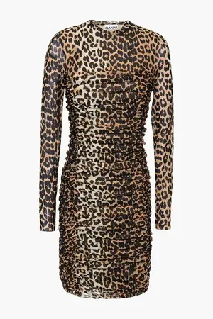 GANNI Ruched Leopardprint Stretchmesh Mini Dress - Animal Print