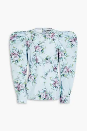 GANNI Gathered Floralprint Organic Cottonpoplin Top - Light Blue