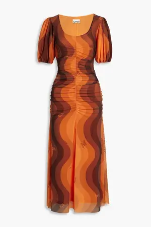 GANNI Ruched Printed Stretch-mesh Midi Dress - Orange