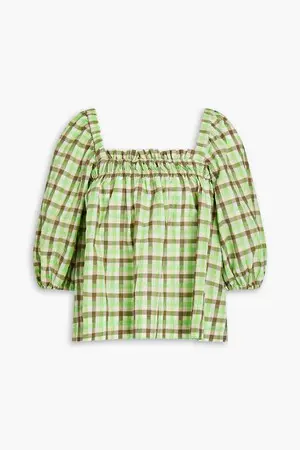 GANNI Gathered Checked Organic Cottonblend Blouse - Light Green