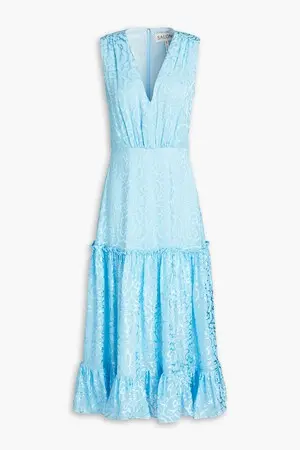 Saloni Devon Tiered Devoré Silk-blend Midi Dress