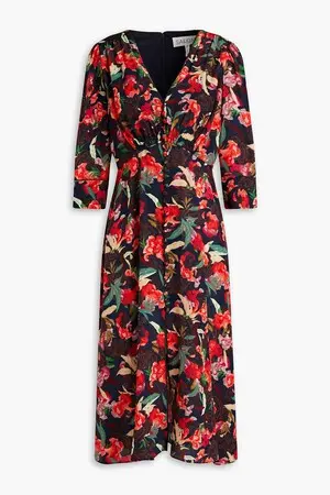 Saloni Eve Floralprint Silk Crepe De Chine Midi Dress - Black