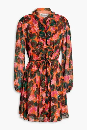 Saloni Tilly Ruffled Printed Silkgeorgette Mini Dress - Orange