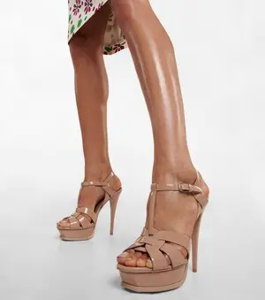 Saint Laurent Tribute Patent Leather Platform Sandals - Beige