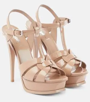 Saint Laurent Tribute Patent Leather Platform Sandals - Beige