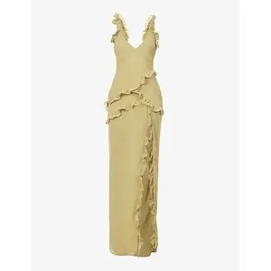 House Of Cb Ruffled Mesh Maxi Dress - Olive