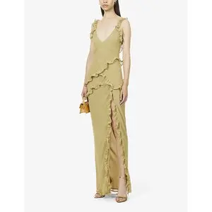 House Of Cb Ruffled Mesh Maxi Dress - Olive