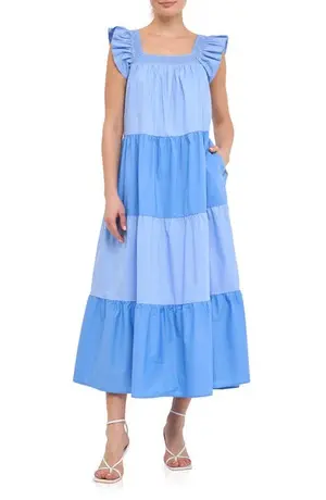 English Factory Flutter Sleeve Colorblock Cotton Midi Dress - Blue Multi