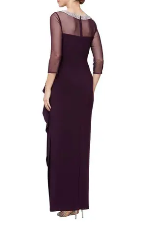Alex Evenings Illusion Sleeve Side Ruched Gown - Eggplant