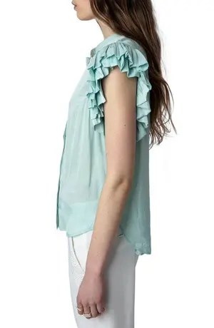 Zadig&Voltaire Tiza Ruffle Satin Button-up Blouse - Celadon