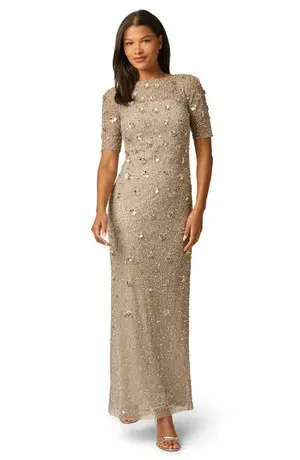Adrianna Papell Beaded Gown - Platinum