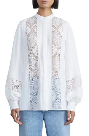 Lafayette 148 New York Bohemian Lace Inset Silk Blouse