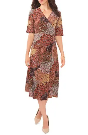 Chaus Mixed Print Faux Wrap Midi Dress - Spice