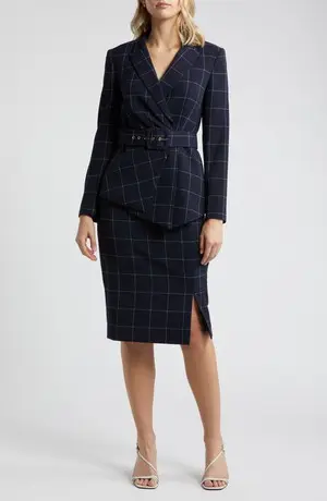 TAHARI ASL Windowpane Plaid Two-piece Long Sleeve Dress