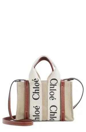 Chloé Chloé Small Woody Logo Strap Linen Tote One-color