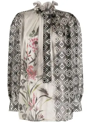 Alberta Ferretti Silk Floral & Geometric Print Frilled High Neck Blouse
