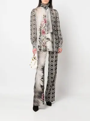 Alberta Ferretti Silk Floral & Geometric Print Frilled High Neck Blouse