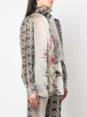 Alberta Ferretti Silk Floral & Geometric Print Frilled High Neck Blouse