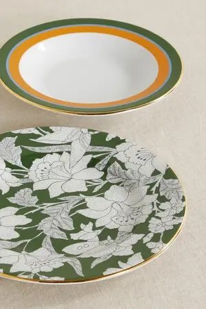 La DoubleJ Libellula Gold-plated Porcelain Soup And Dinner Plate Set - Green