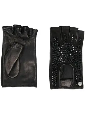 Philipp Plein Crystal-embellished Leather Gloves - Black