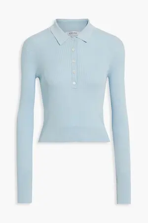 FRAME Ribbed Silk And Cottonblend Polo Sweater - Light Blue
