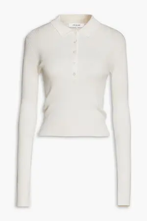 FRAME FRAME Ribbed Silk And Cotton-Blend Polo Sweater - Off-white