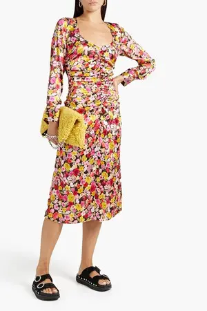 GANNI Ruched Floral-print Midi Dress