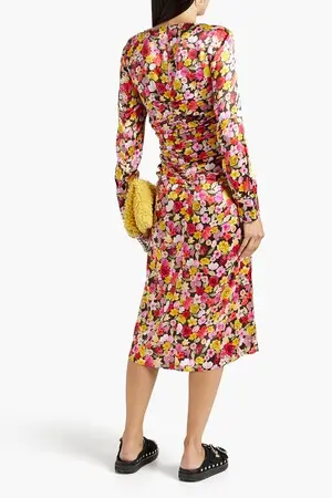 GANNI Ruched Floral-print Midi Dress