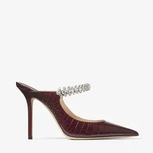 JIMMY CHOO Bing 100 Burgundy Croc-embossed Leather Pumps With Crystal Strap Burgundy