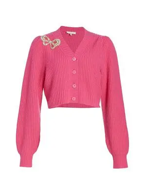LoveShackFancy Women's Larsa Bow Cropped Cardigan - Wheat - Size Large - Wheat  - Spotlight Pink