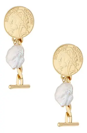 Ettika Coin & Freshwater Pearl Drop Earrings - Gold
