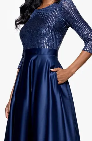 Betsy & Adam Sequin Bodice Satin Ballgown - Navy