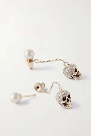 Alexander McQueen Tone Swarovski Crystal And Faux Pearl Skull Earrings - Gold