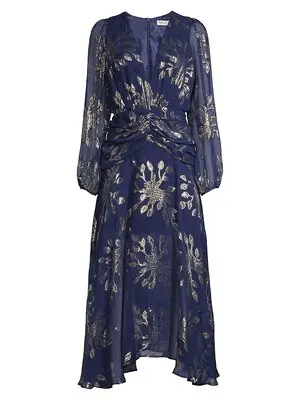 Delfi Women's Lizette Ruched Silk Chiffon Midi-Dress - Navy  - Navy