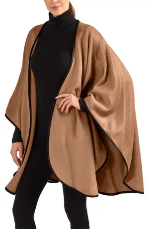 Sofia Cashmere Leather Trim Alpaca Blend Wrap Camel Brown Leather